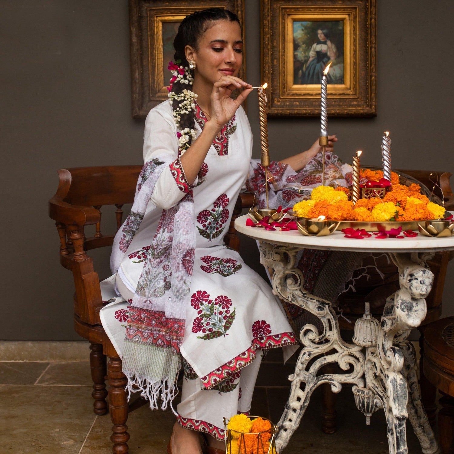 Poppy White Blockprint Designer Cotton Suit Sets with Dupatta for Women ...