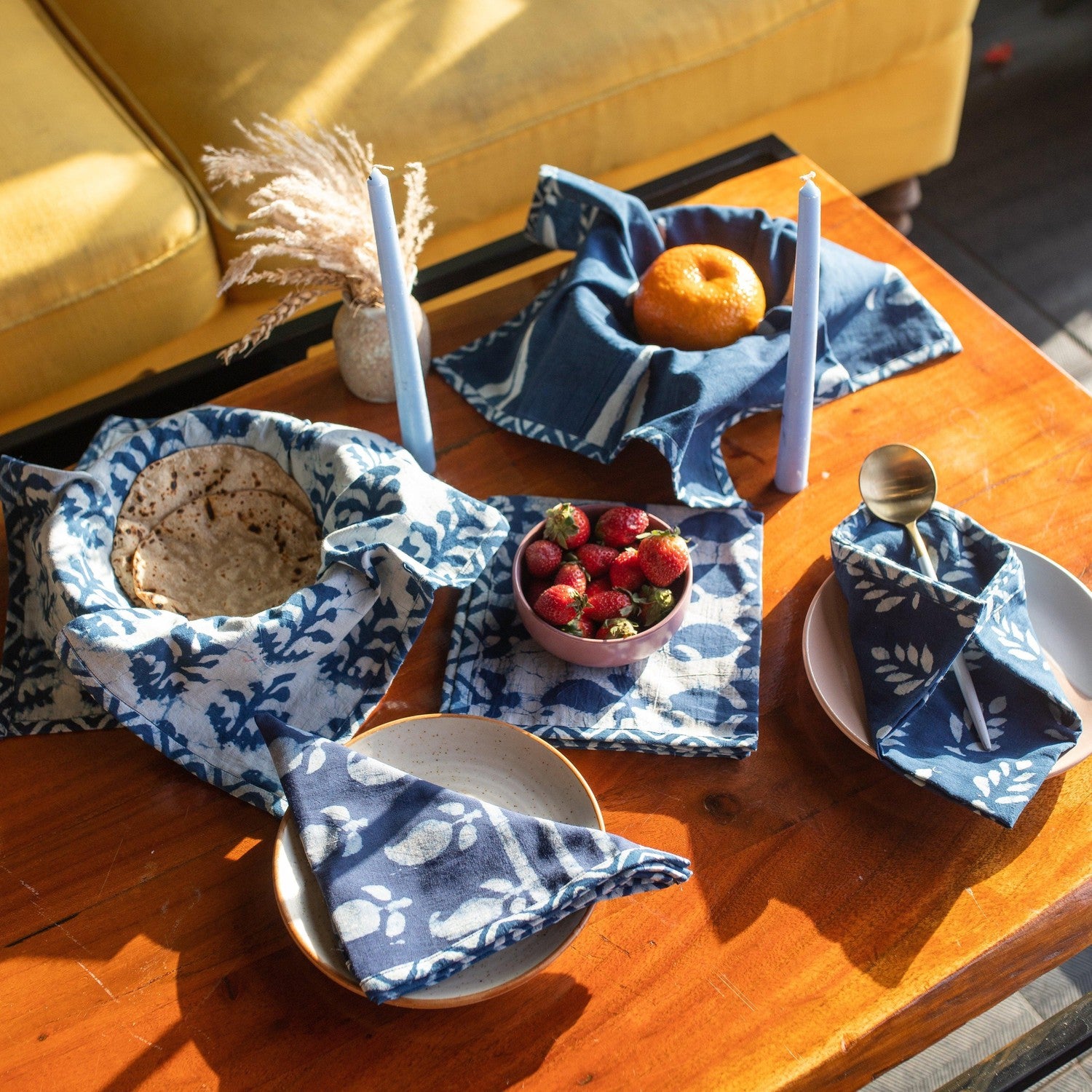 Assorted Indigo Blockprint Dinner Cum Roti Napkins – House of Ekam