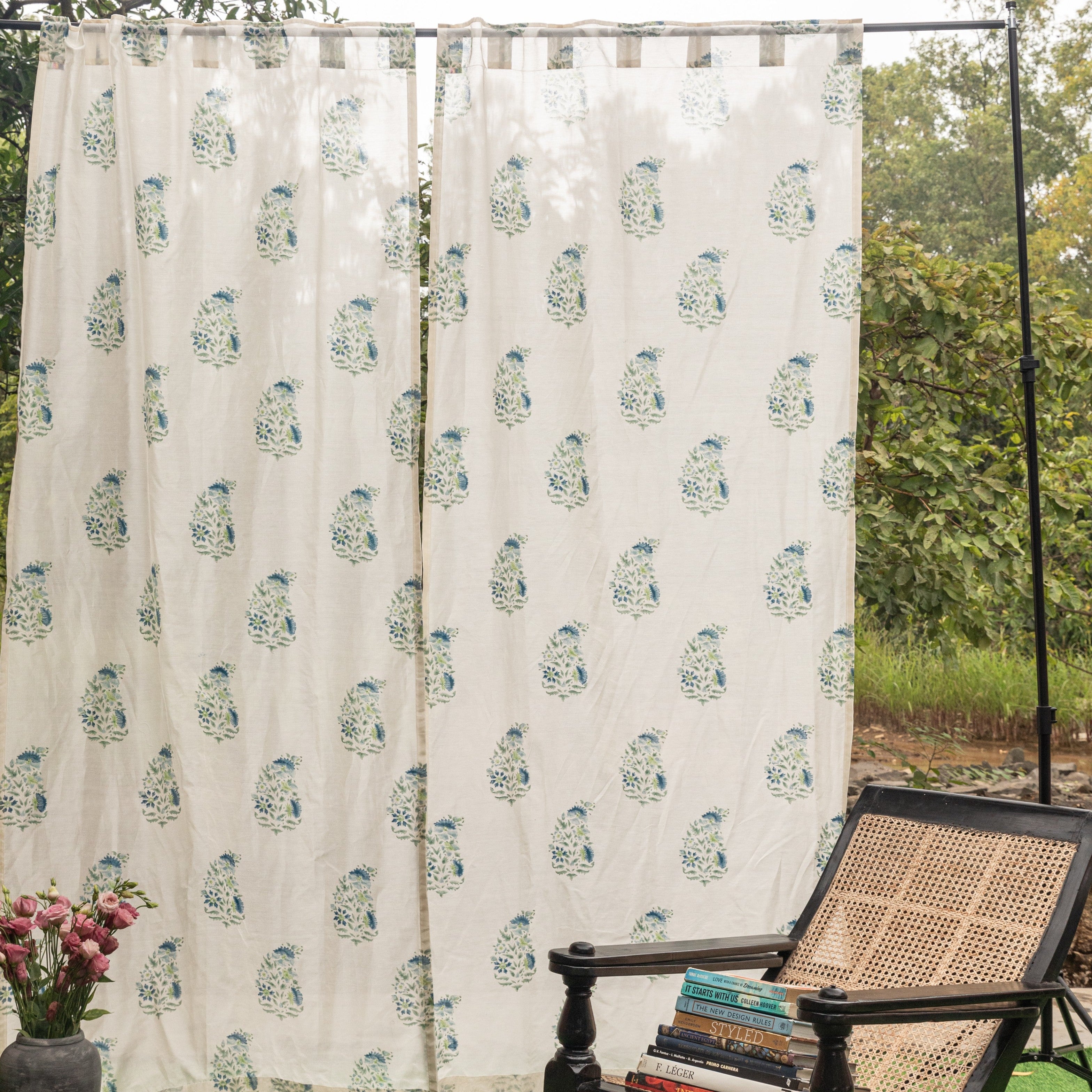Blue and Green Ambi Block Print Maheshwari Silk Sheer Curtain for Doors ...