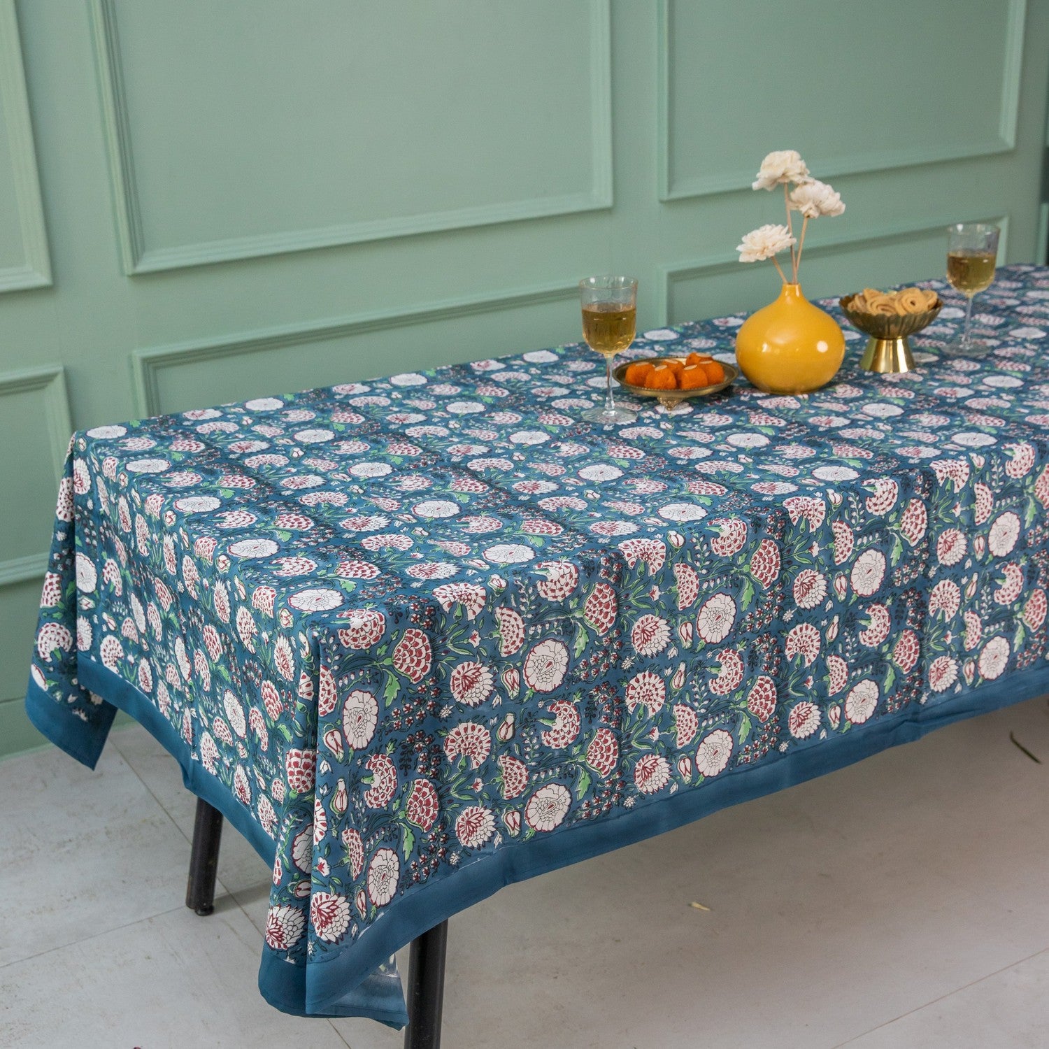 Cypress Poppy Blue Blockprint Cotton Dining Table Cover - Table Cloth ...