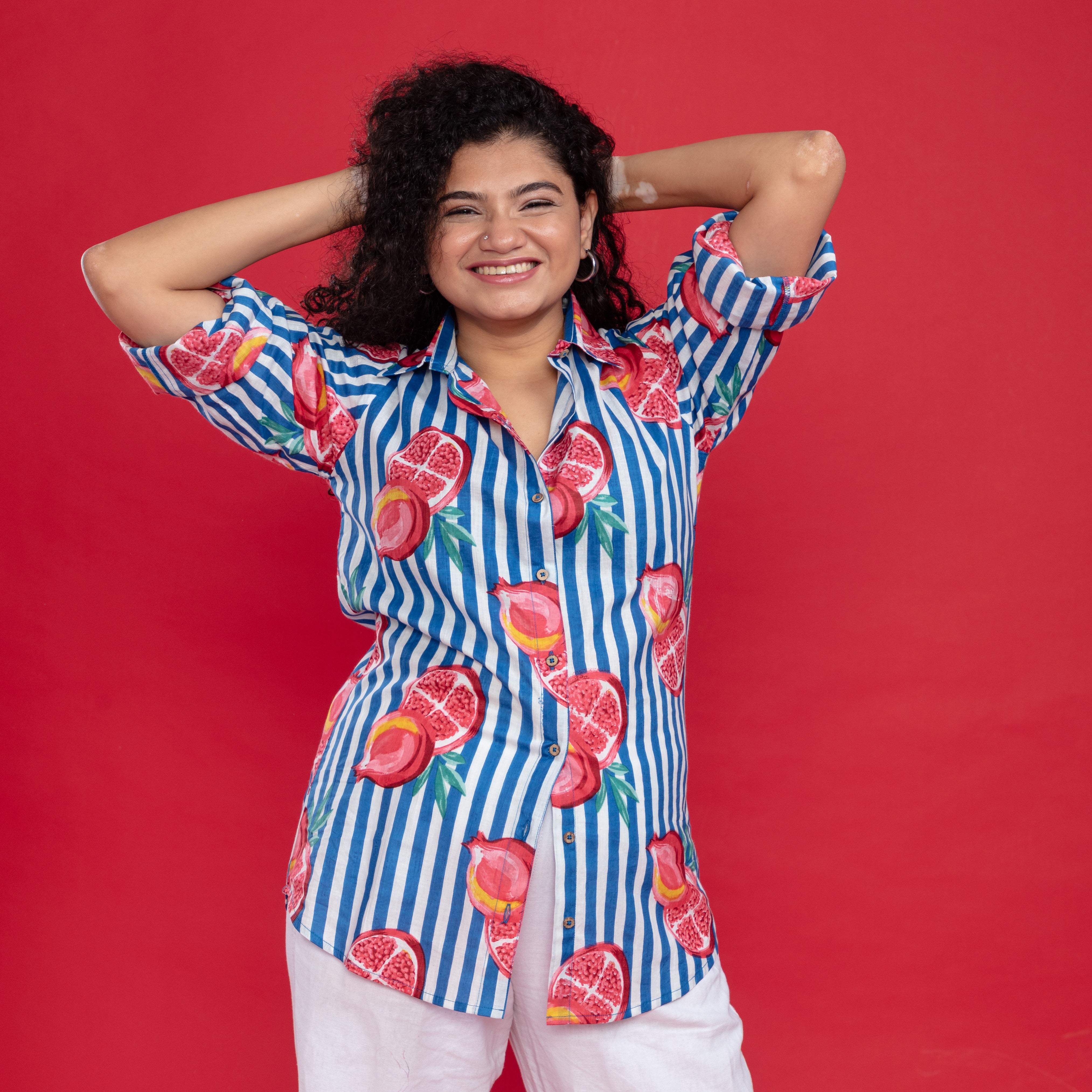 Blue Pomegranate Print Cotton Shirt For Women – House of Ekam