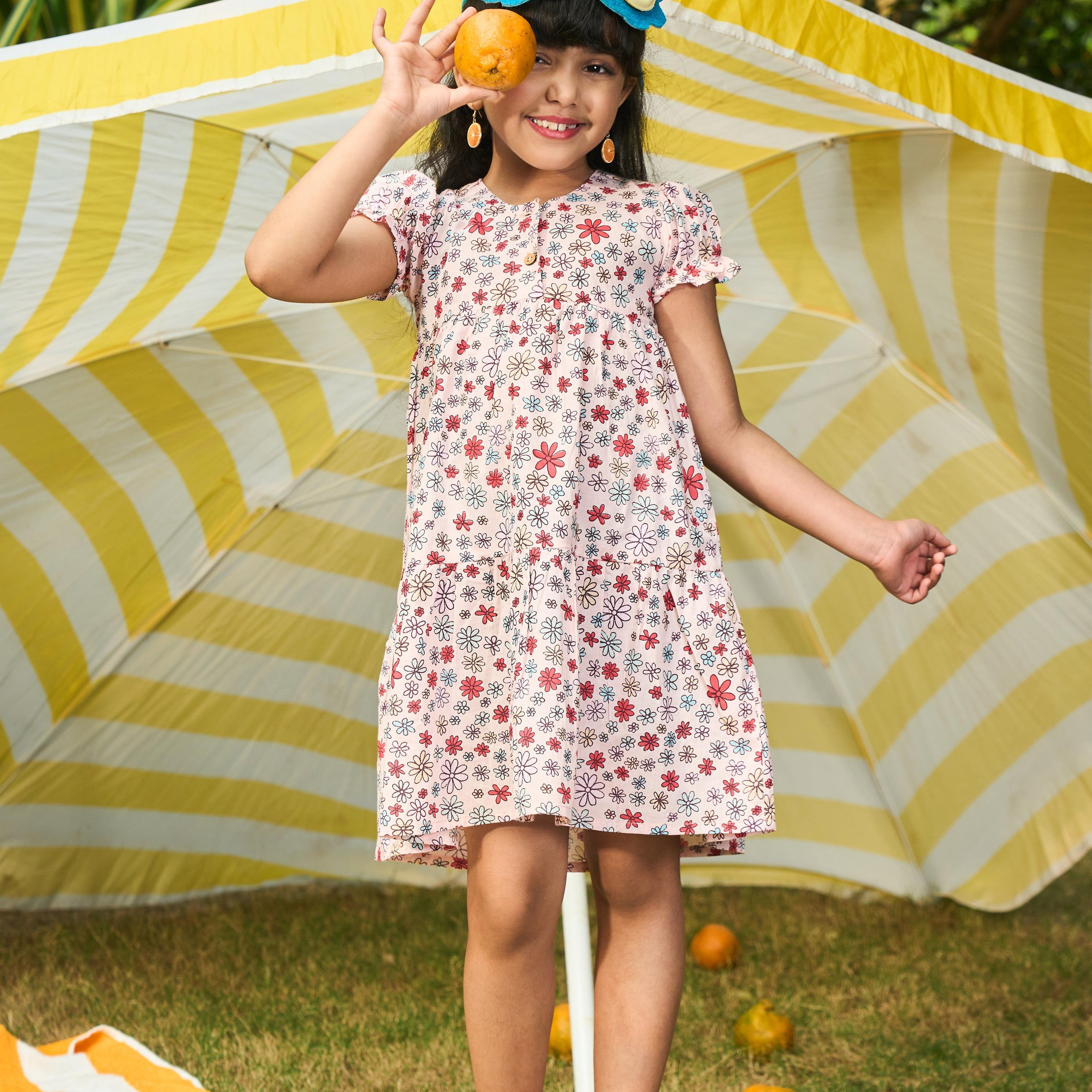 Pink Floral Cotton Girls Dress | Designer Cotton Clothes for Girls ...