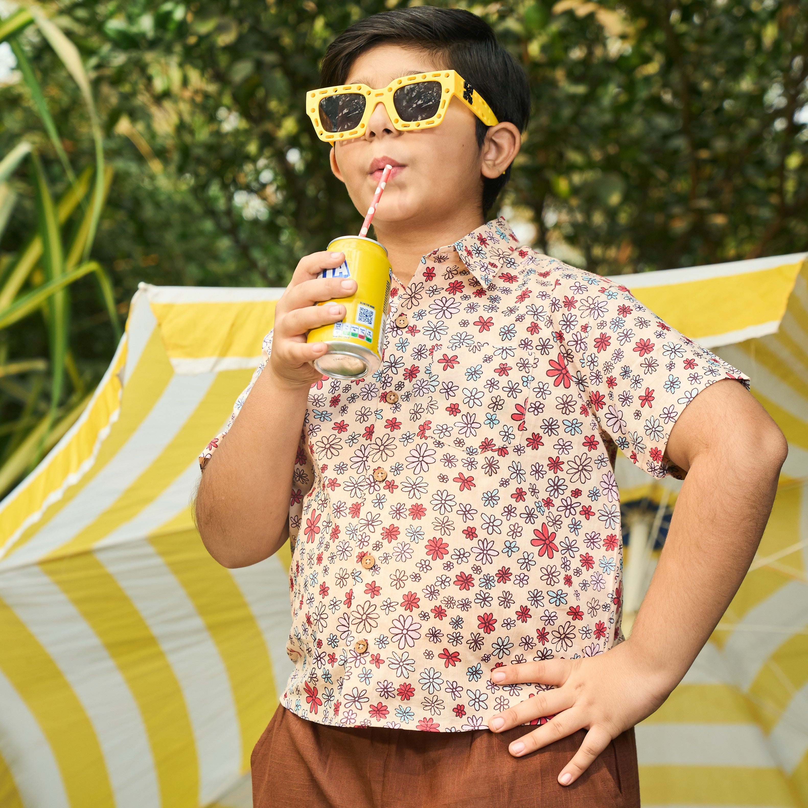 Yellow Floral Screenprint Boys Shirt | Designer Cotton Clothes for Boys ...