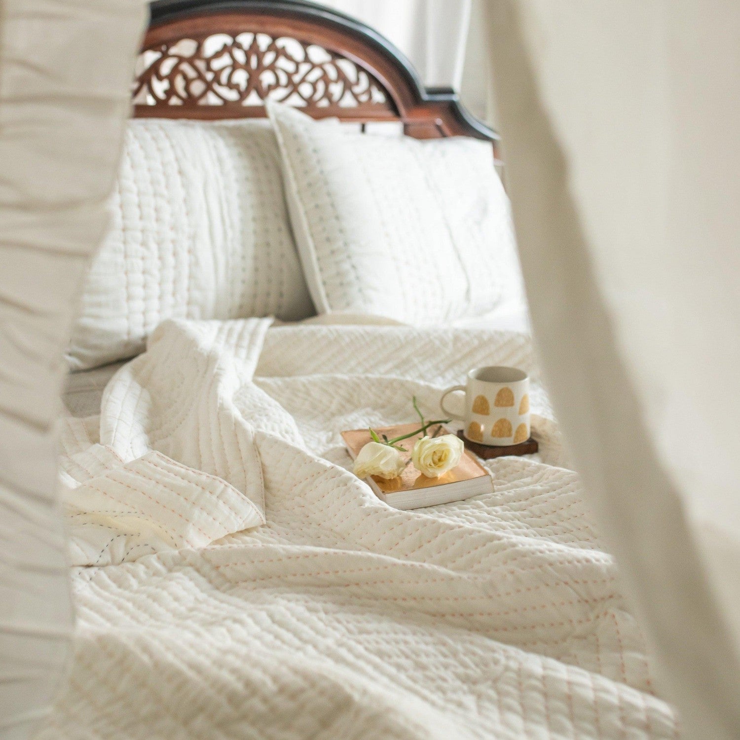White Pique Hand Stitch Cotton Quilt Set - Double Bed Queen Quilt ...