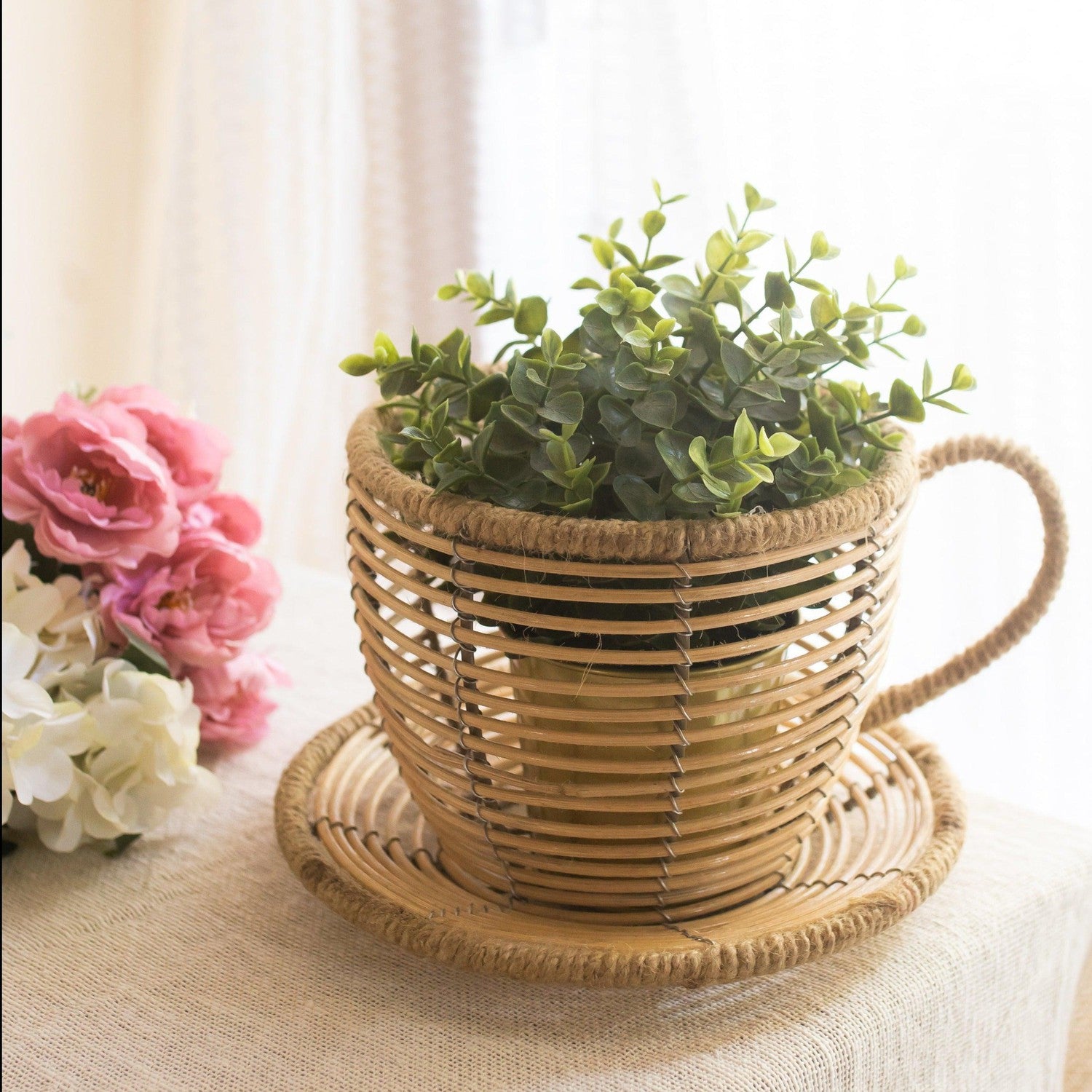Multipurpose Beige Tea Cup Rattan Planter – House of Ekam
