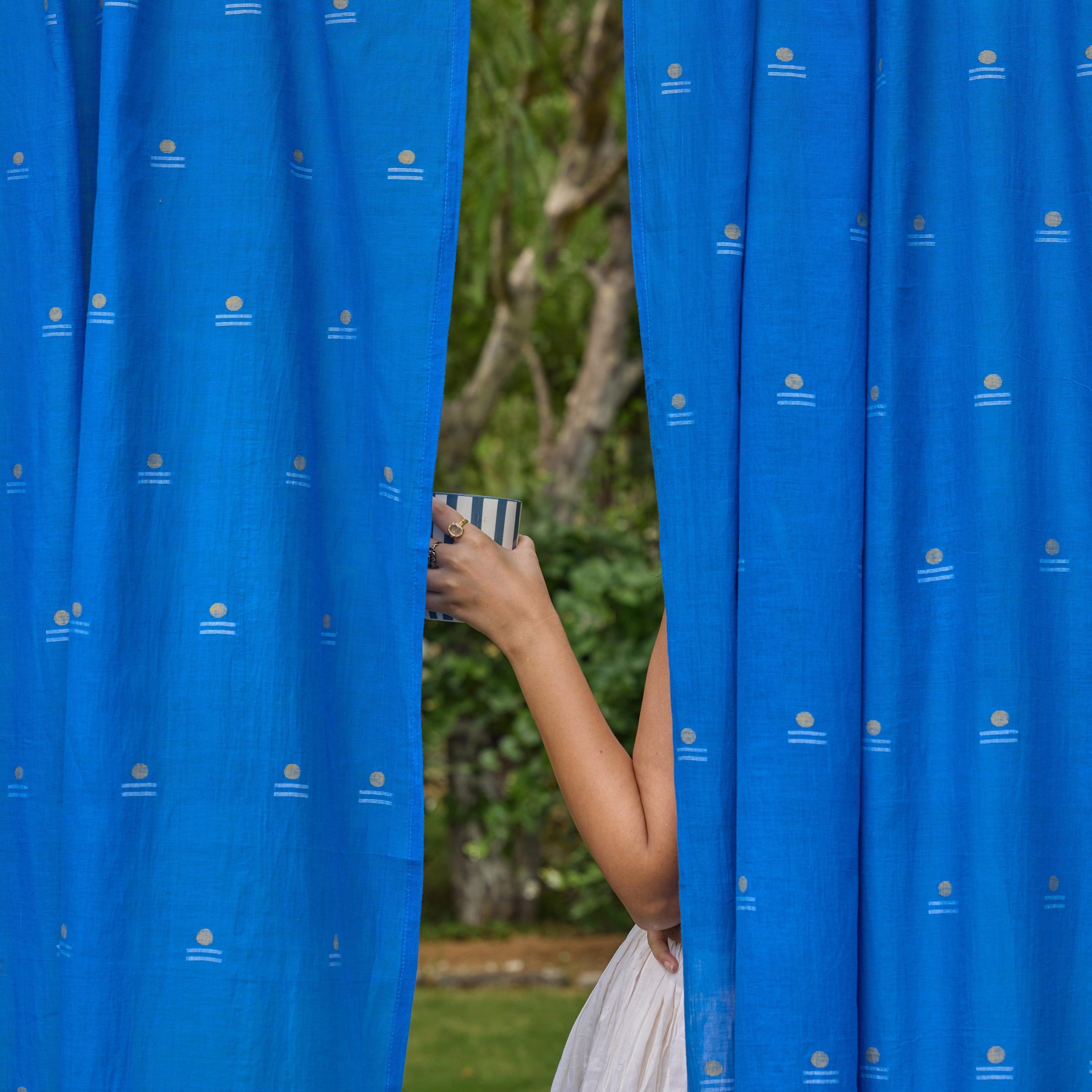 Indigo Neel Gold Cotton Jamdani Sheer Handloom Curtain for Doors ...