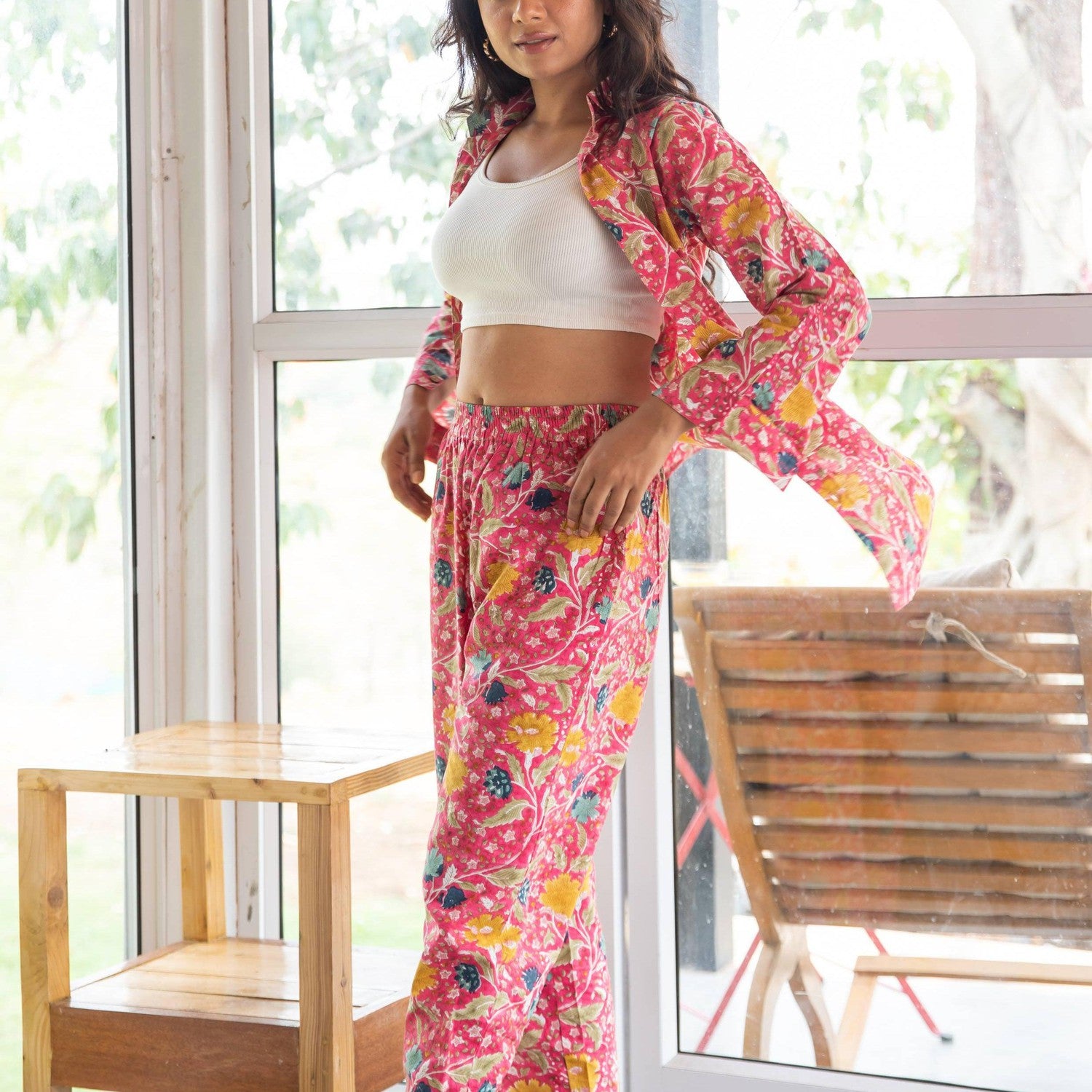 Nisha Pink Floral Jaal Hand Blockprint Cotton Co-ord Set For Women ...