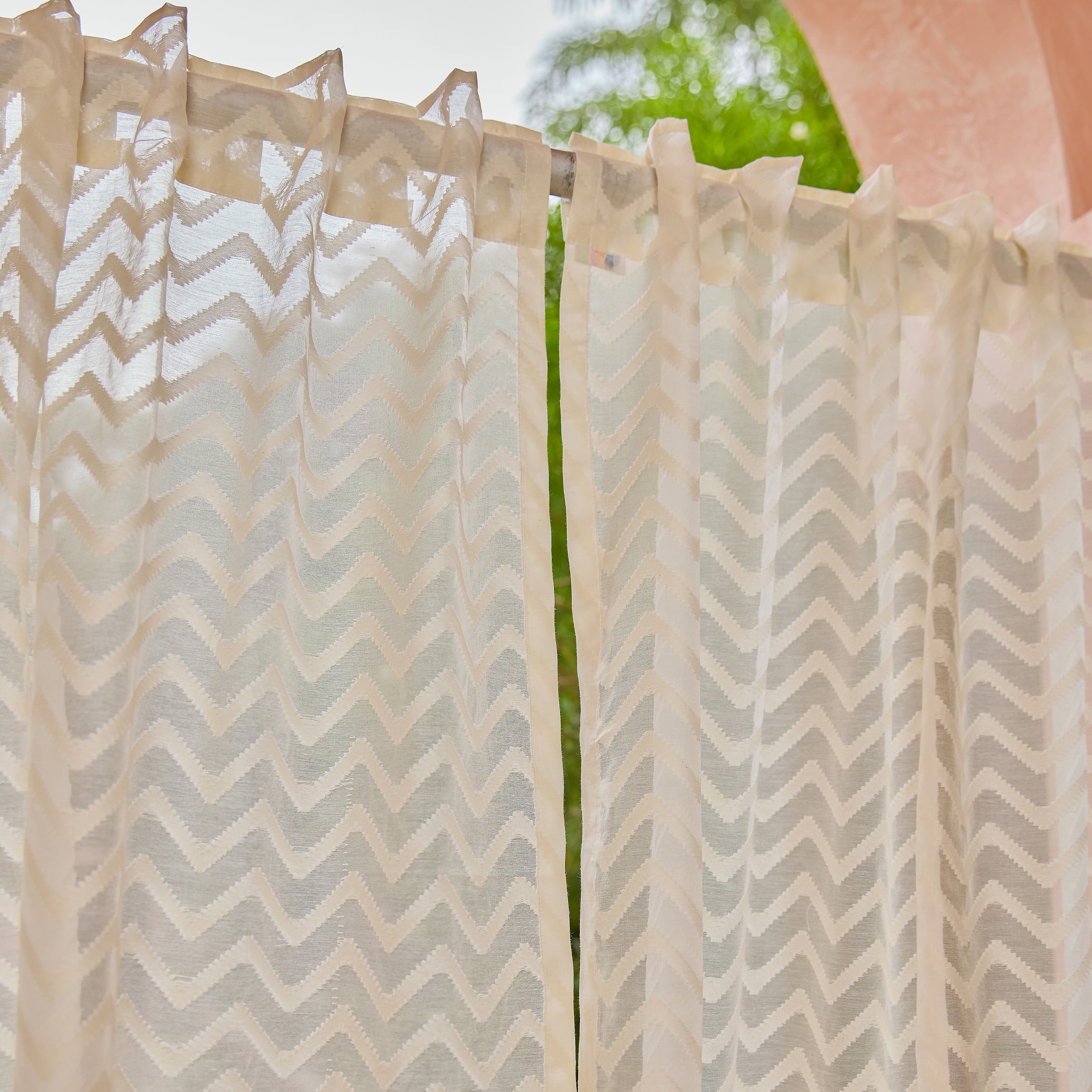 Off white Chevron Banarsi Cotton Silk Sheer Curtain for Doors & Windows ...