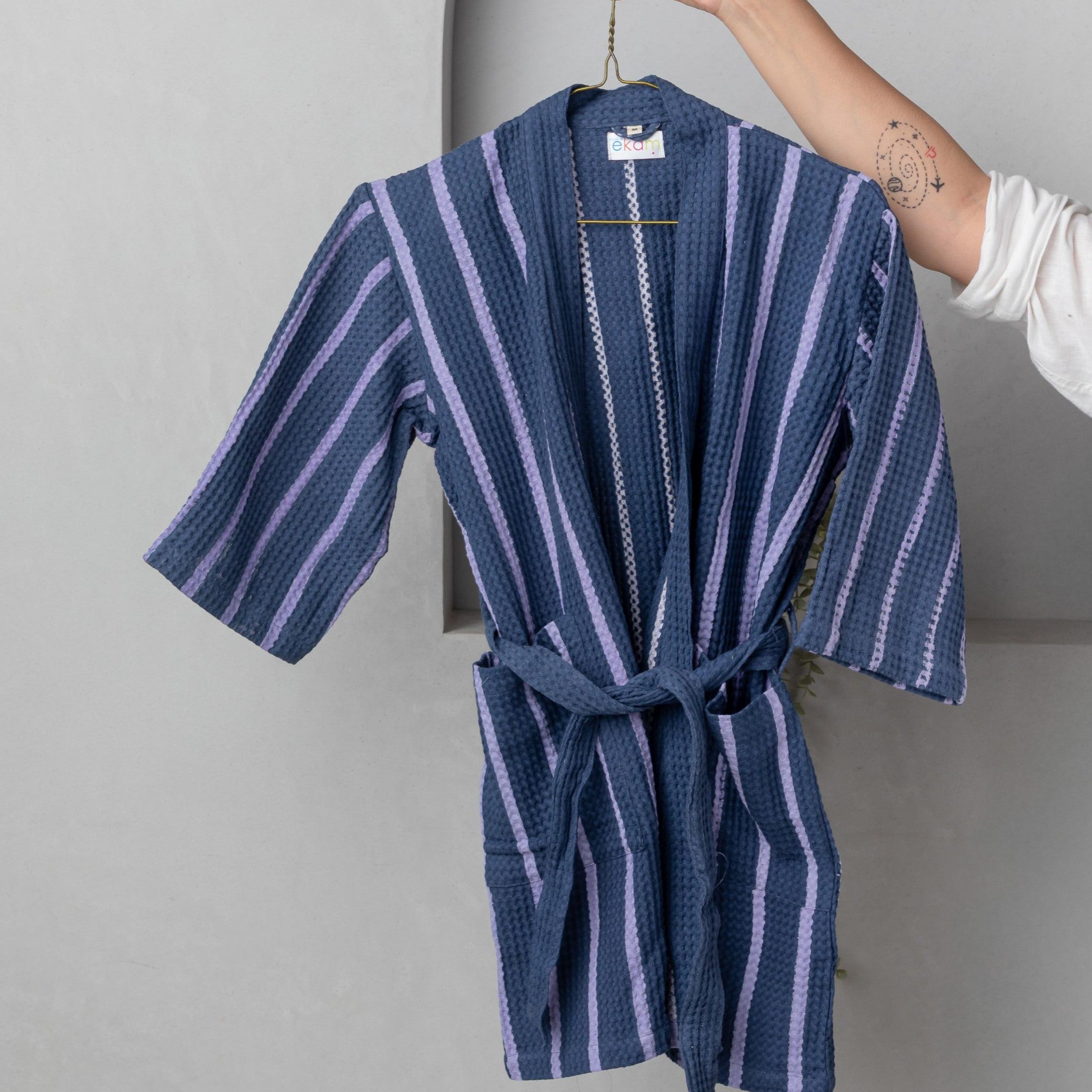 Blue Stripe Cotton Bathrobe For Kids – House of Ekam