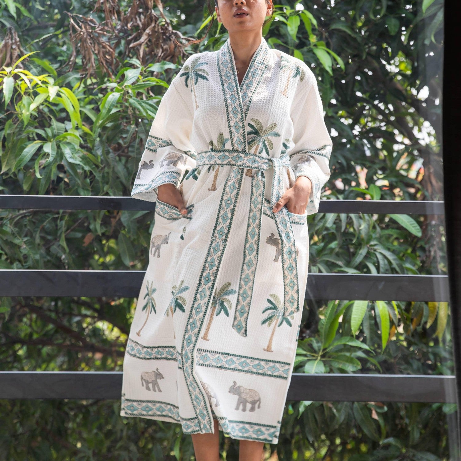 Tropical Elephant and Palm White Cotton Bathrobe For Women – House of Ekam