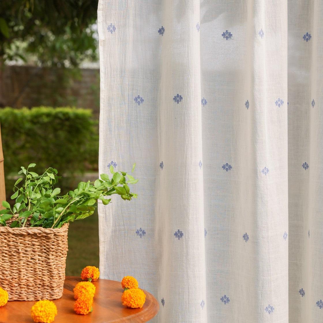 White and Blue Cotton Jamdani Sheer Handloom Curtain for Doors ...
