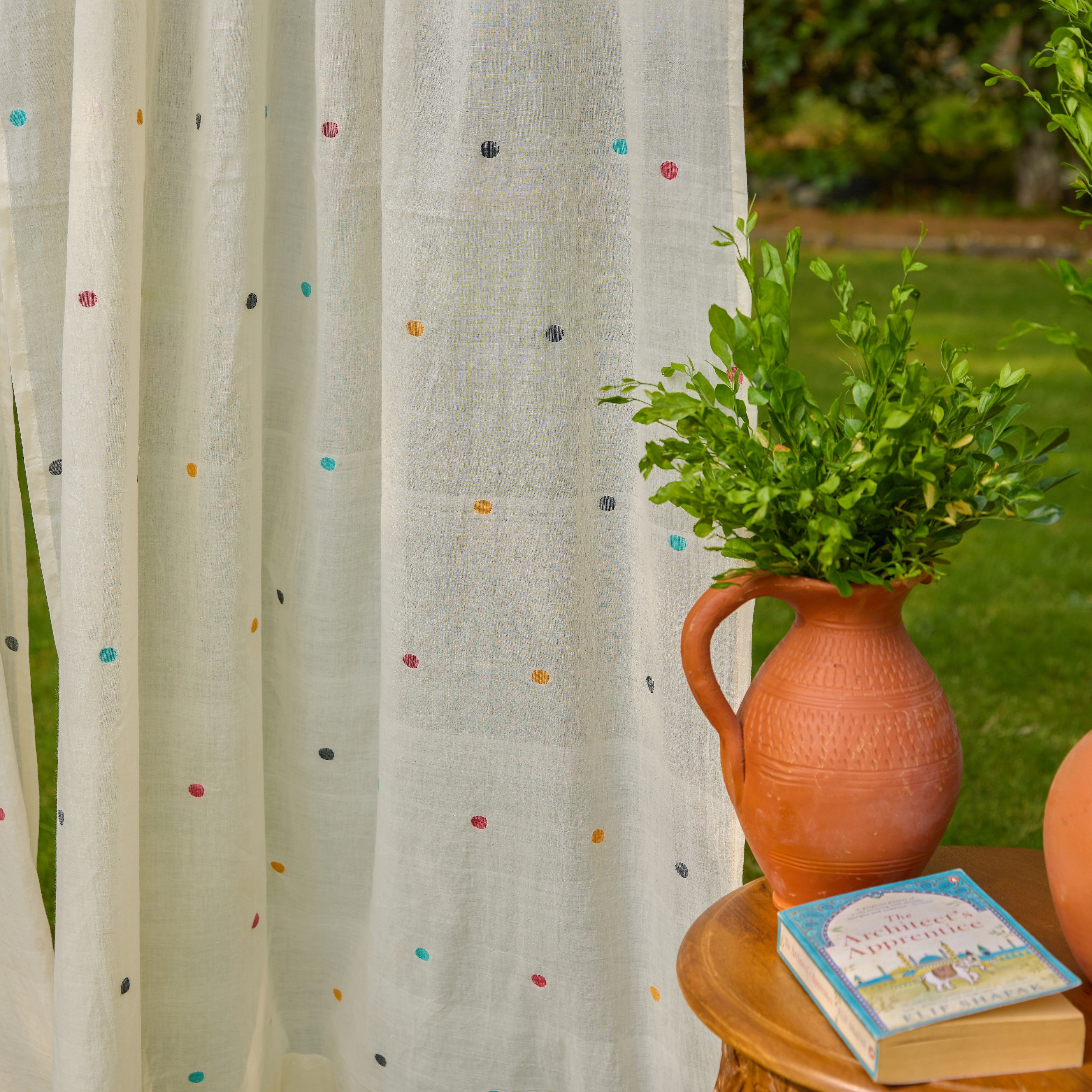 White and Multicolor Polka Cotton Jamdani Sheer Handloom Curtain for ...