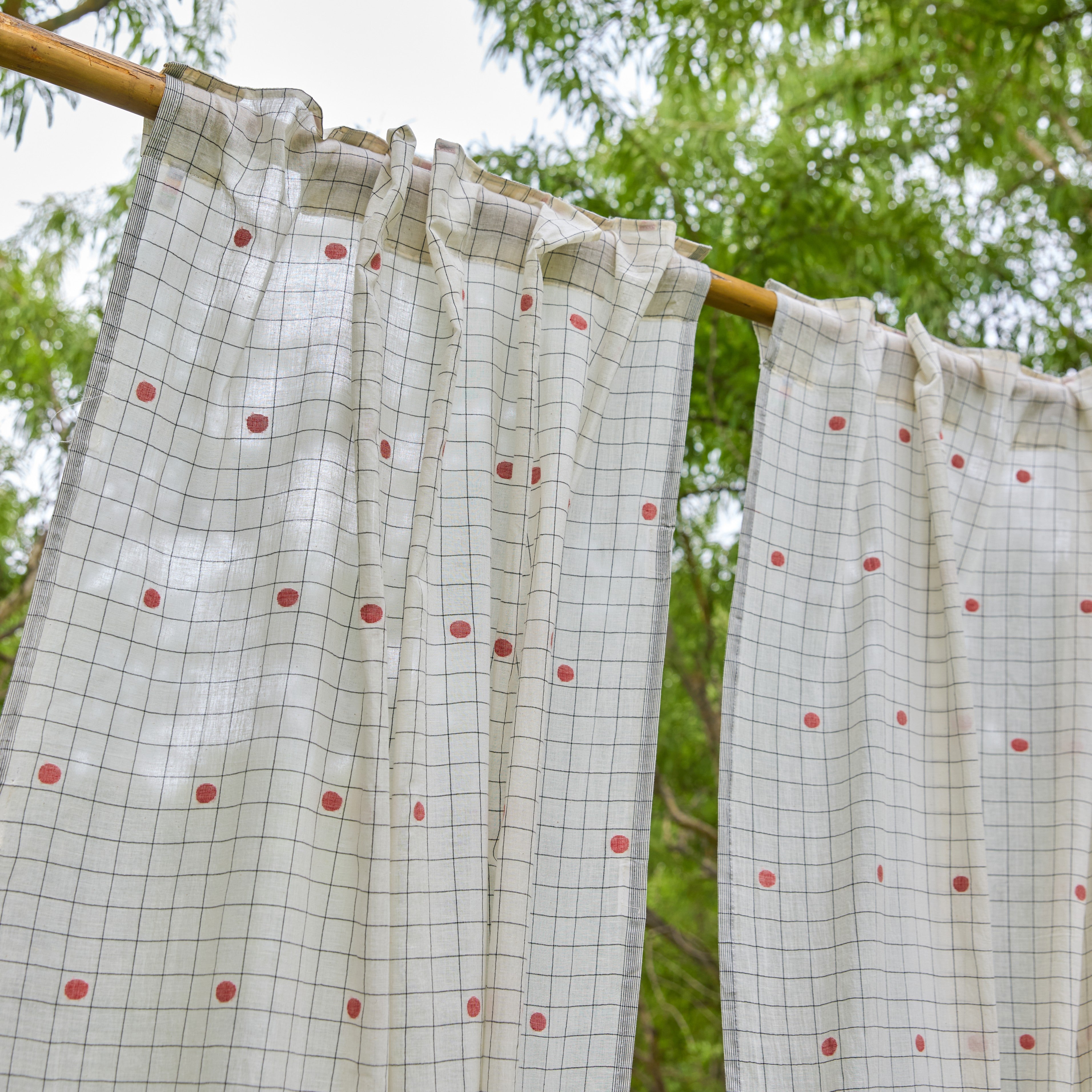 White and Red Checks Cotton Jamdani Sheer Handloom Curtain for Doors ...