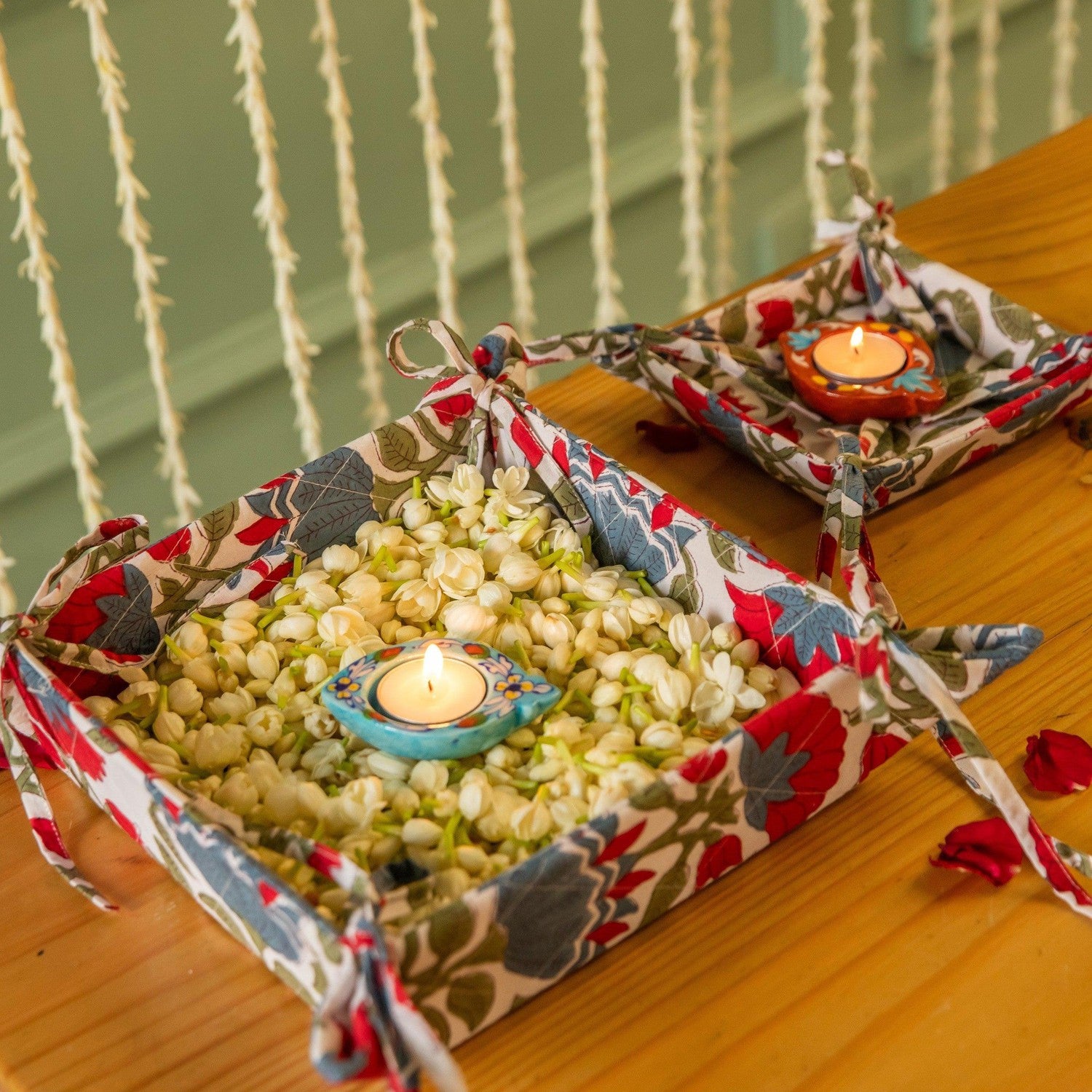 White and Red Blockprinted Foldable Fabric Serving Tray – House of Ekam