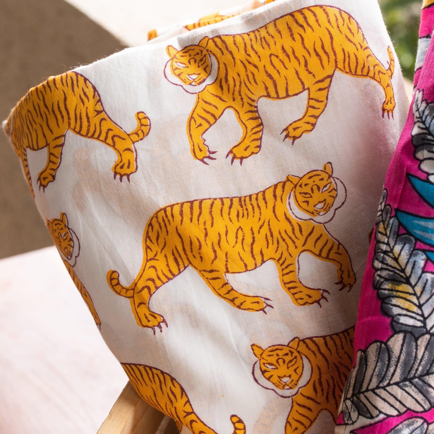 White and Yellow Tiger Cotton Floral Block Printed Fabric Material ...